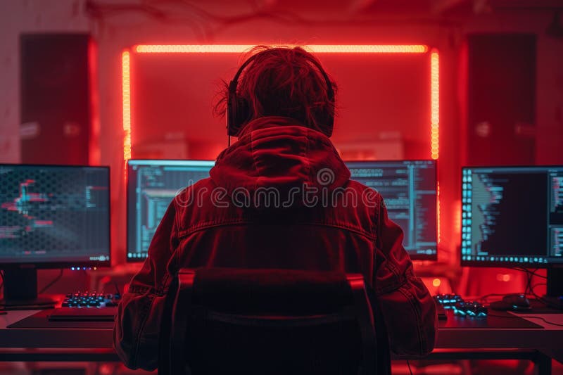 Hacker Working in a Modern Minimalist Room with Glowing Tech Stock ...