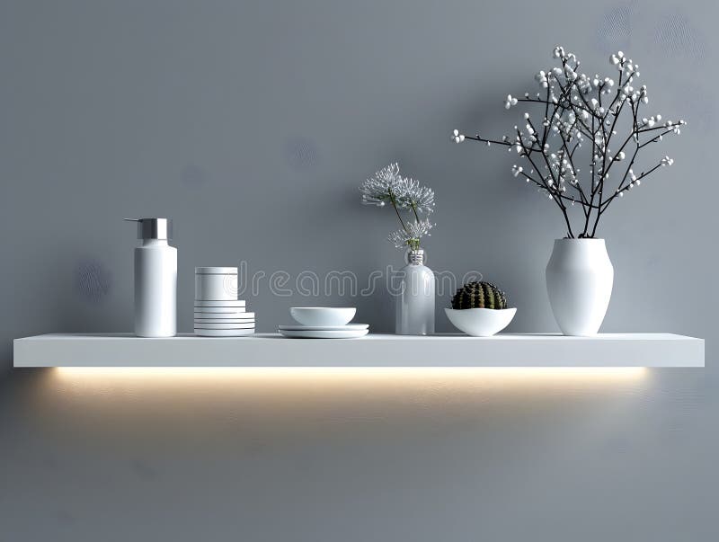 Sleek Minimalist Shelf Display with Soft Lighting on Grey Wall Stock ...