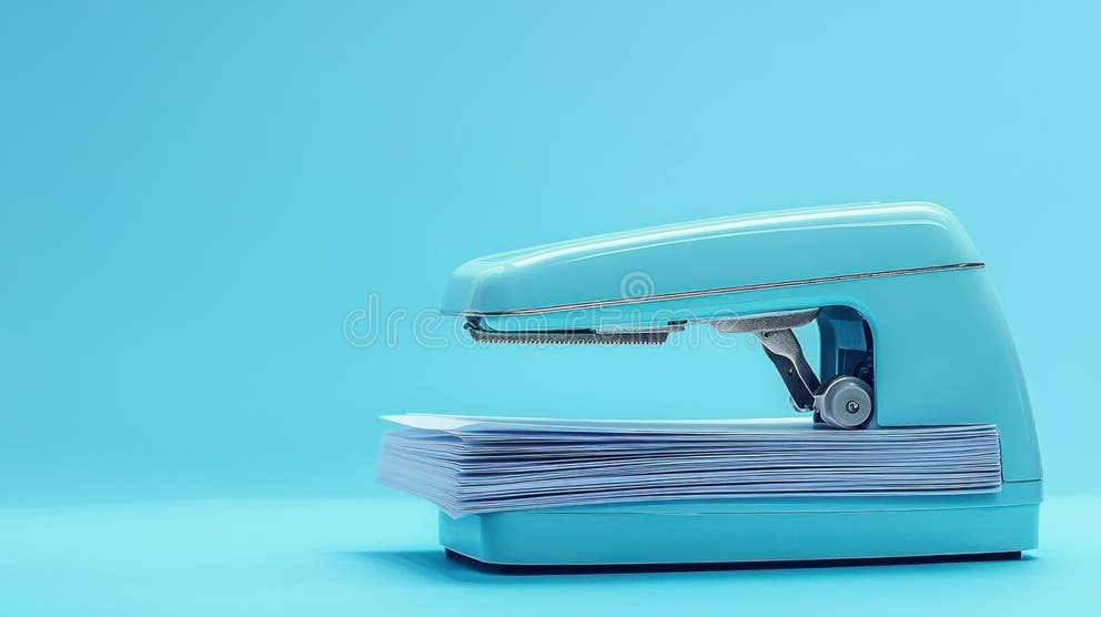 Sleek Minimalist Stapler and Stack of Paper on Cool Blue Background ...