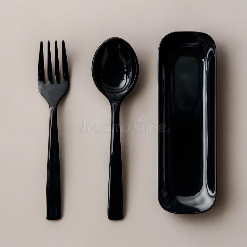 Sleek, Minimalist Trio Black Fork, Spoon, Rectangular Tray on Neutral ...