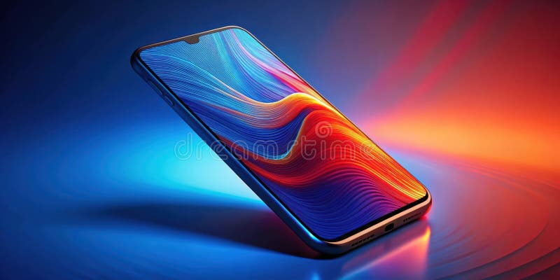Sleek Mobile Phone with Vibrant Abstract Wave Display on a Reflective ...