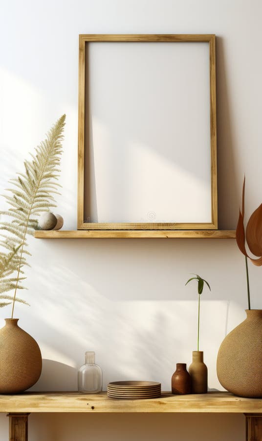 Sleek Mock-Up Poster Frame on Shelf with Decor in a 3D Rendered Room ...