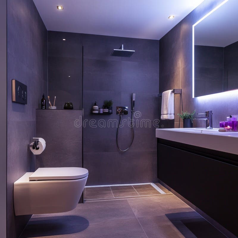 Sleek Modern Bathroom with Ambient Lighting and Minimalist Design Stock ...