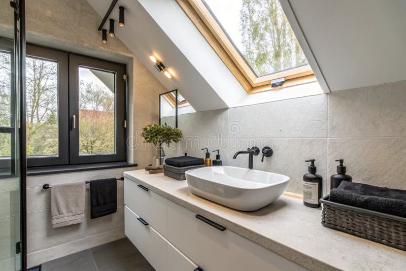 Sleek Modern Bathroom with Angular Vessel Sink Stock Illustration ...