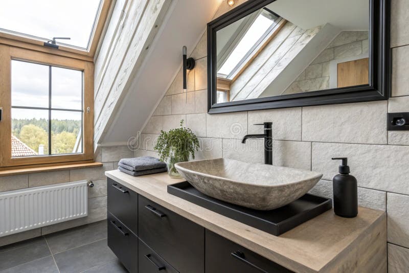 Sleek Modern Bathroom with Angular Vessel Sink Stock Illustration ...