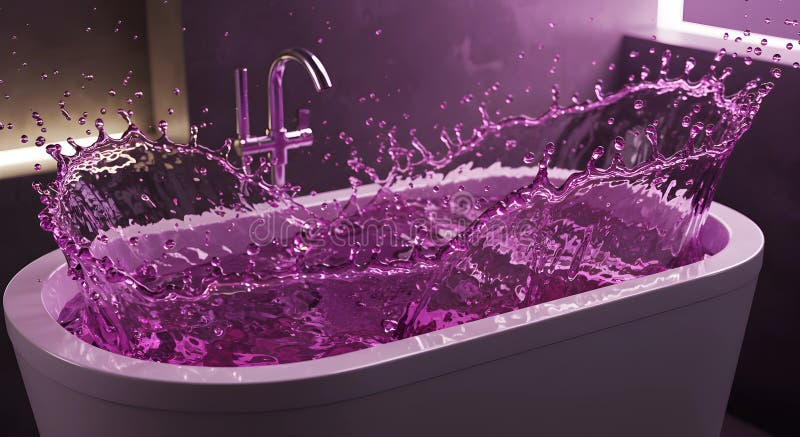 Sleek Bathtub, Purple Water Splashes, Realistic Reflections. Stock ...