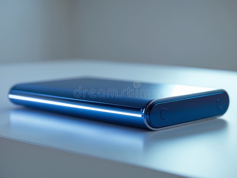 Sleek Modern Blue Device with Luminescent Edge on a Reflective White ...