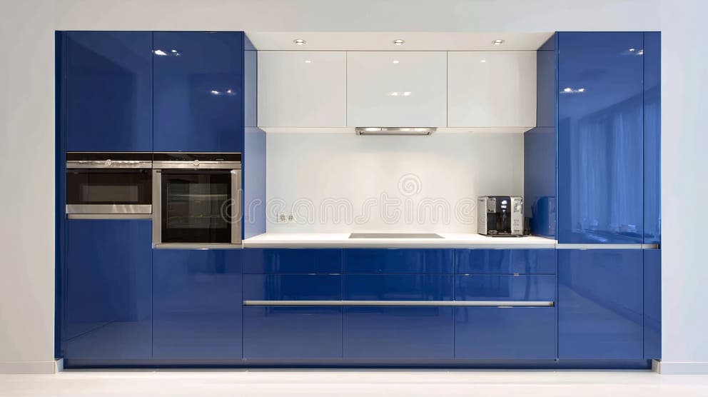 Sleek Modern Blue Kitchen with Integrated Oven Design Stock ...