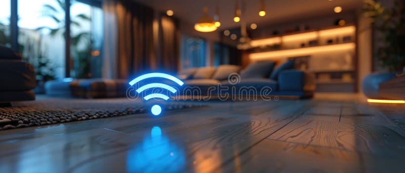 Sleek Modern Blue WiFi Icon Shining in a Smart Home Environment Stock ...
