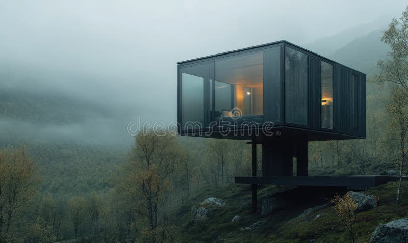 A Sleek, Modern Cabin Elevated on Stilts Overlooks a Dense, Misty ...
