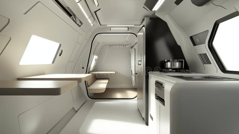 A Sleek, Modern Camper Van Interior with a Compact Kitchen and ...
