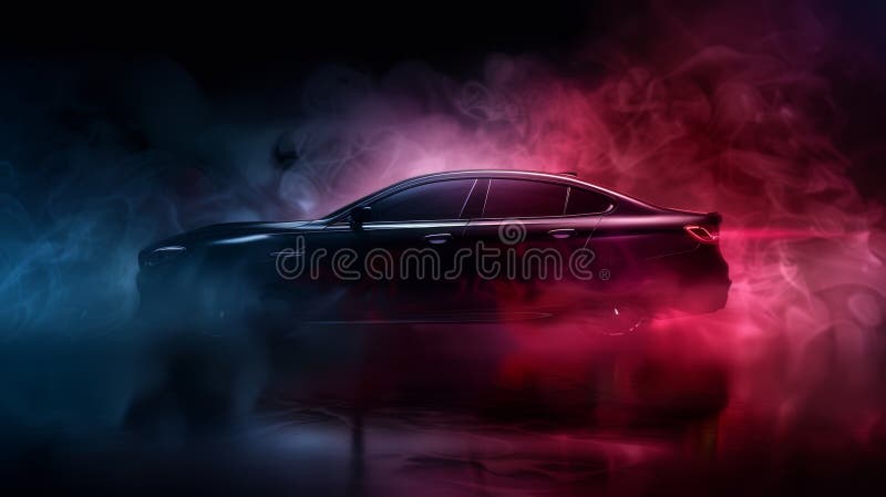 Sleek Modern Car Immersed in Dramatic Blue and Red Smoke with a Dark ...