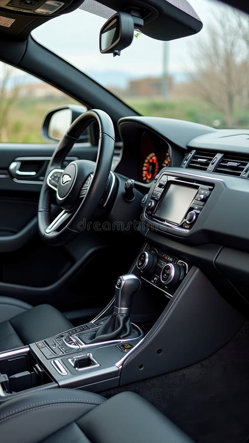 Sleek Modern Car Interior with Black Leather Seats and High-tech ...
