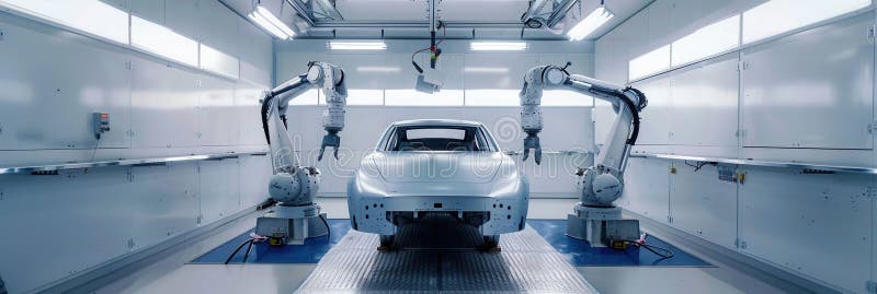 A Sleek and Modern Car Painting Shop Featuring Automated Robotic ...