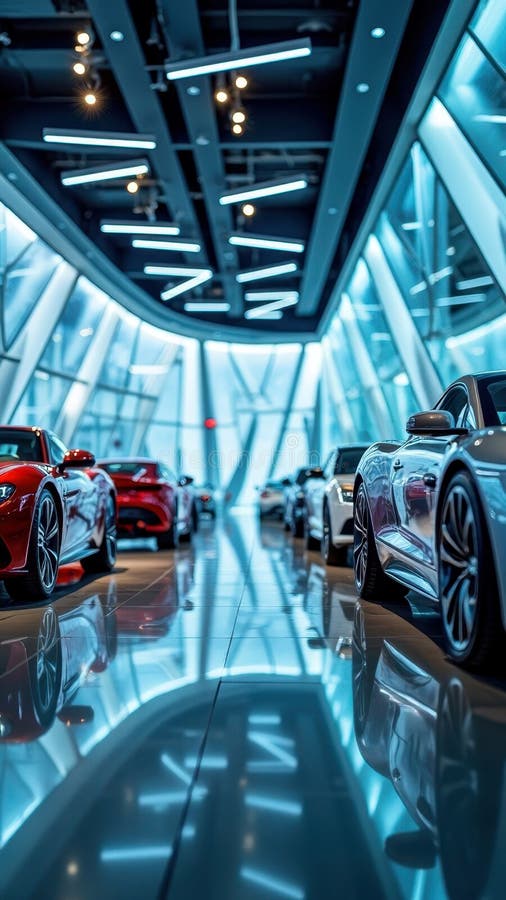 Sleek Modern Car Showroom with Reflective Floor and Neon Lighting Stock ...