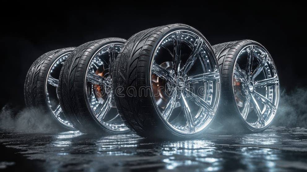 Sleek and Modern Car Wheels Arranged in a Dynamic Formation on a ...