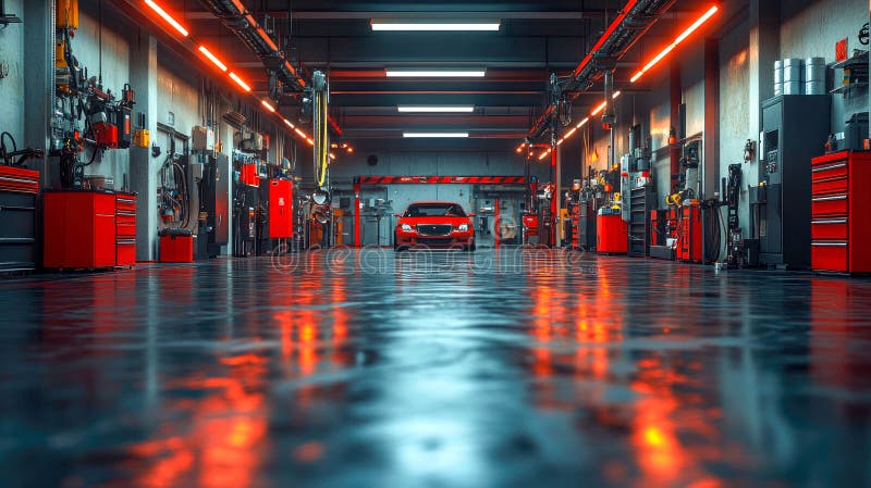 A Sleek, Modern Car Workshop with a Sports Car on a Car Jack ...