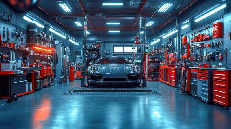 A Sleek, Modern Car Workshop with a Sports Car on a Car Jack ...