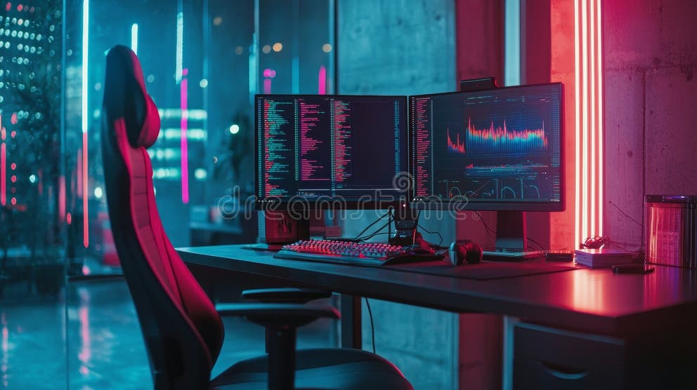 Modern Computer Workstation with Dual Monitors and Neon Lighting in ...