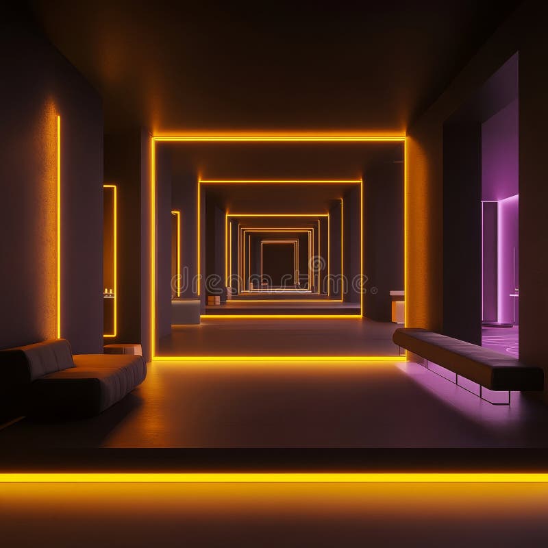 A Sleek, Modern Corridor with Illuminated Linear Lighting in Warm ...