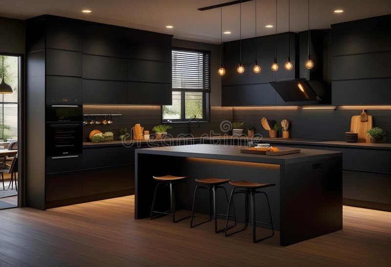 A Sleek and Modern, Dark Black Kitchen Exudes Stock Illustration ...