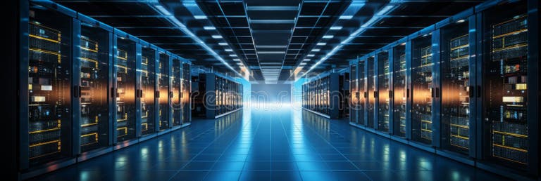 Sleek Modern Data Center with Advanced Server Racks Emitting Enchanting Soft Blue Glow Stock ...