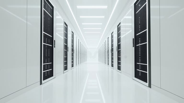 A Sleek, Modern Data Center Corridor with Rows of Black Server Racks ...