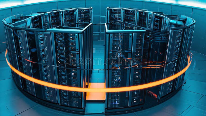 Futuristic Data Center with Circular Server Racks and Dynamic Lighting ...