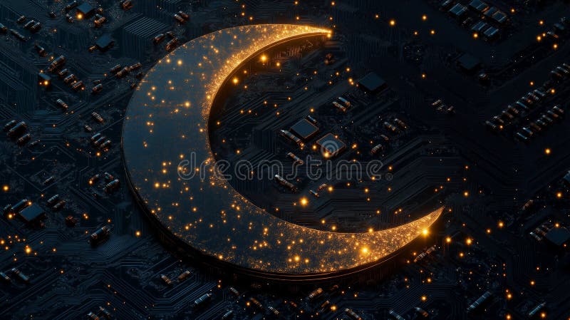 Circuit Board Crescent Moon with Twinkling Lights on a Black Background ...