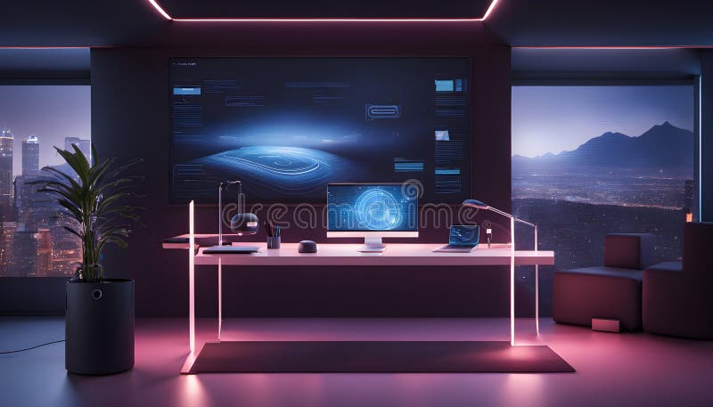 A Sleek, Modern Desk Illuminated by Soft Ambient Light. at Its Center ...