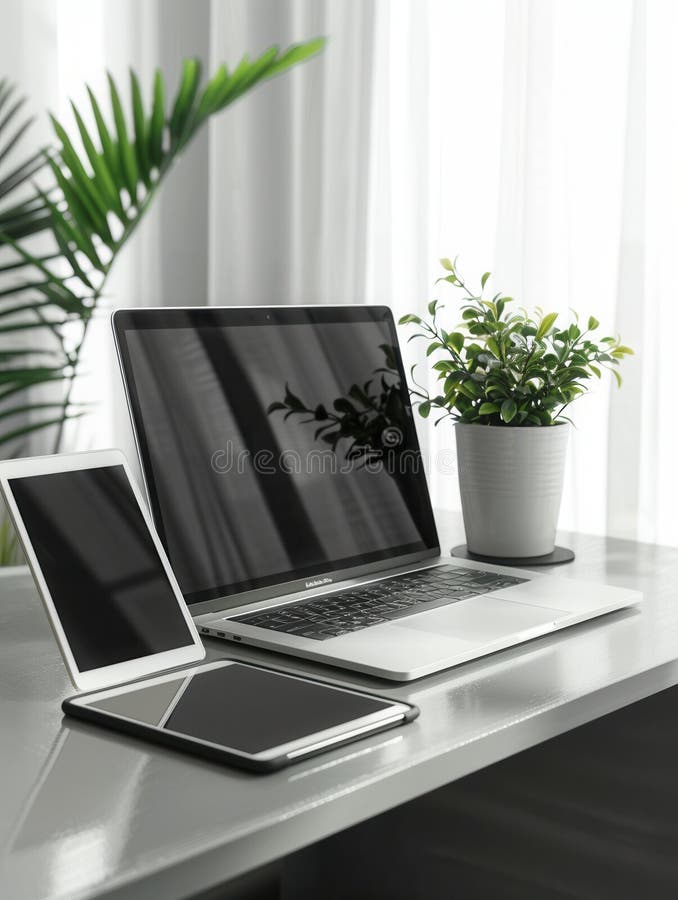 A Sleek, Modern Desk with a Laptop and Two Tablets. the Devices are ...