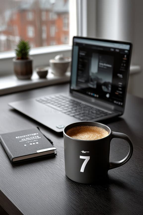 Modern Workspace with Coffee Cup, Open Laptop, Journal, and Window View ...