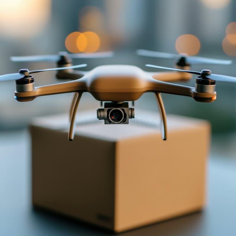 A Sleek, Modern Drone Equipped with a Camera Hovers Over a Package ...