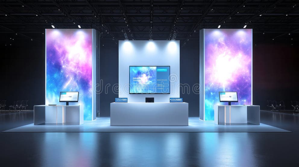 Sleek Modern Exhibition Booth with Three Vertical Panels, Vibrant ...