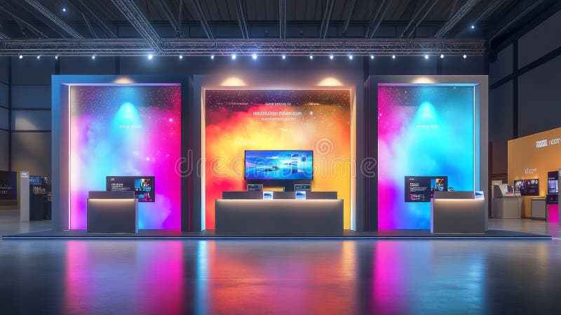 Sleek Modern Exhibition Booth with Three Vertical Panels, Vibrant ...
