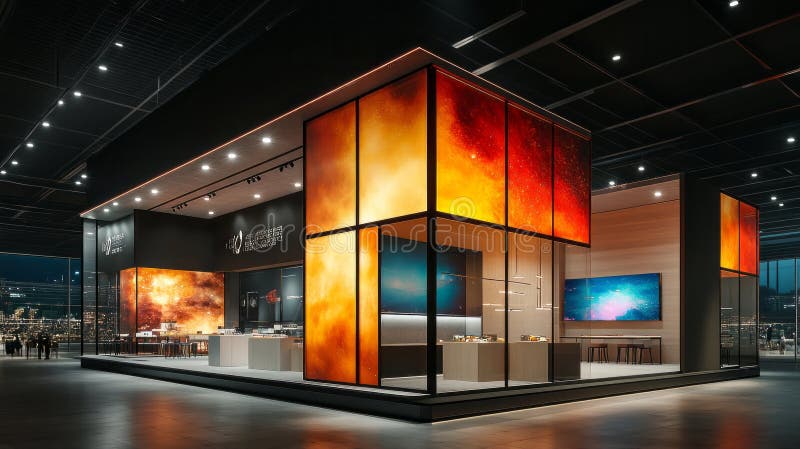 Sleek Modern Exhibition Booth with Three Vertical Panels, Vibrant ...