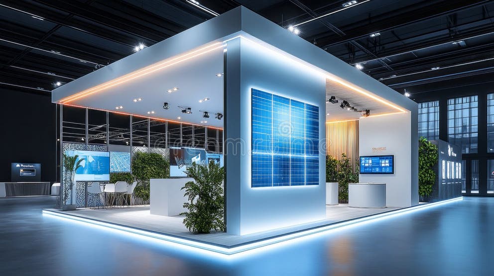 Sleek Modern Exhibition Booth with Three Vertical Panels, Vibrant ...