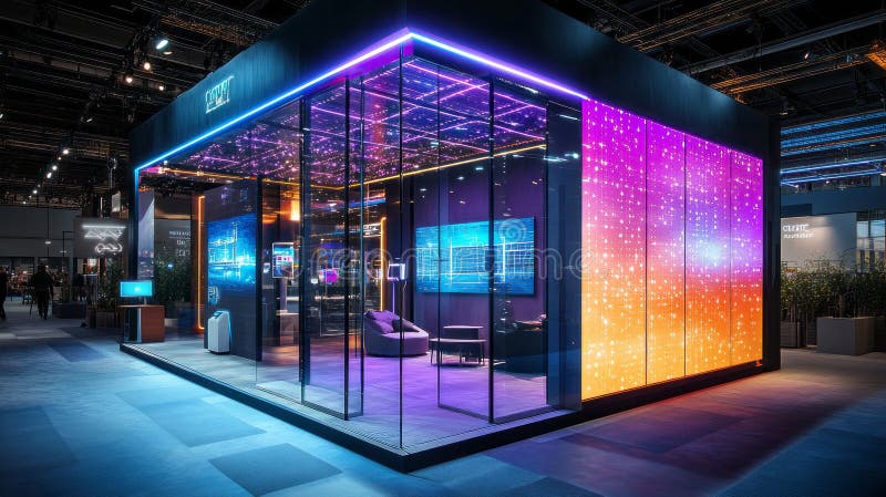 Sleek Modern Exhibition Booth with Three Vertical Panels, Vibrant ...