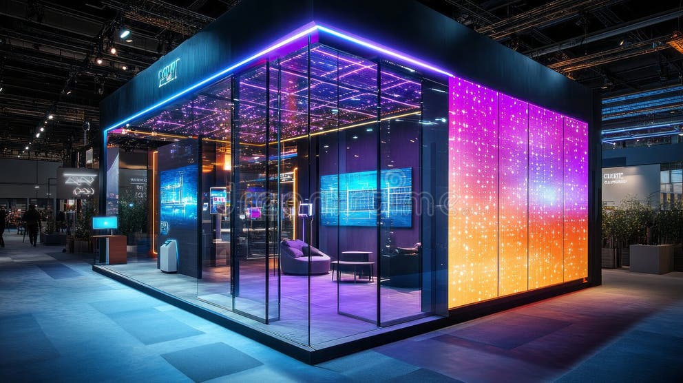 Sleek Modern Exhibition Booth with Three Vertical Panels, Vibrant ...