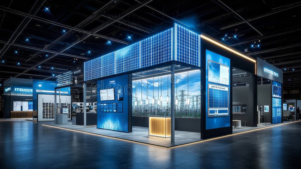 Sleek Modern Exhibition Booth with Three Vertical Panels, Vibrant ...