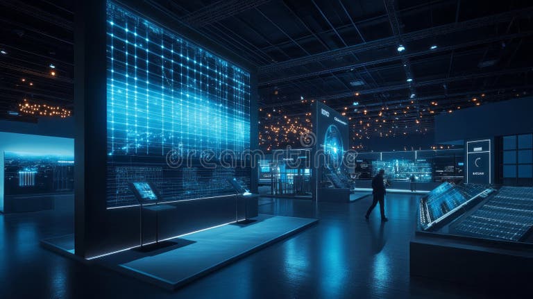 Sleek Modern Exhibition Booth with Three Vertical Panels, Vibrant ...