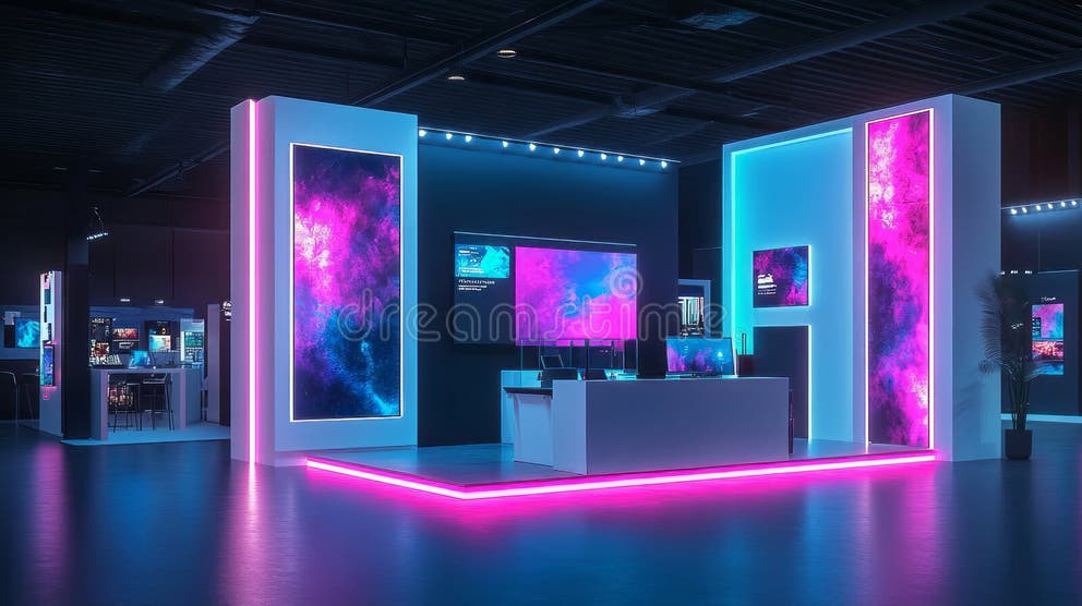 Sleek Modern Exhibition Booth with Three Vertical Panels, Vibrant ...