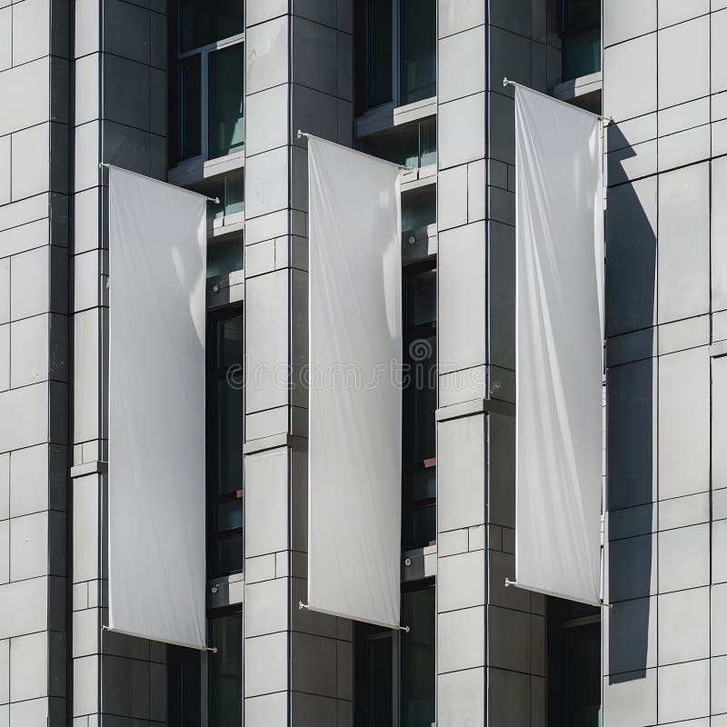 Sleek Modern Facade with Three Blank Vertical Banners, Geometric Design ...