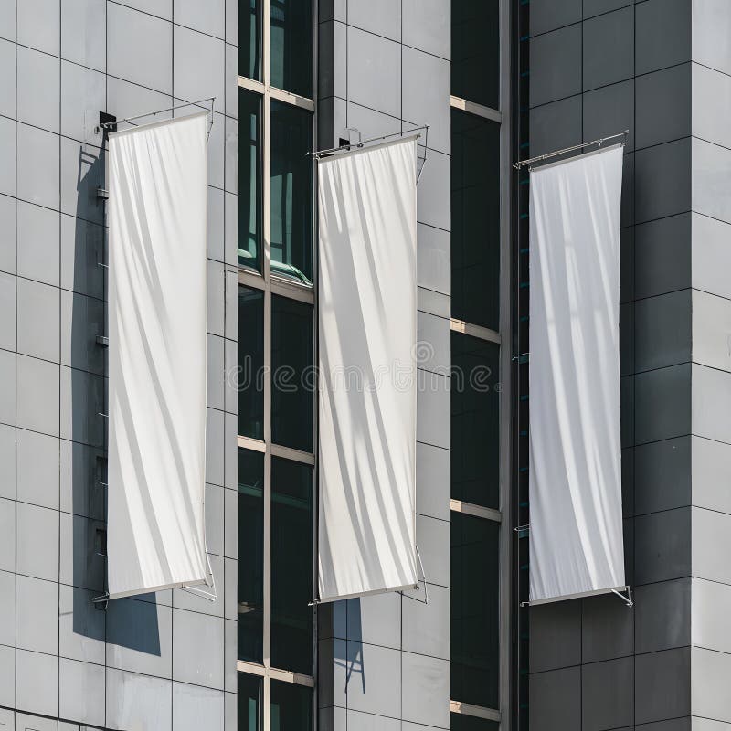 Sleek Modern Facade with Three Blank Vertical Banners, Geometric Design ...