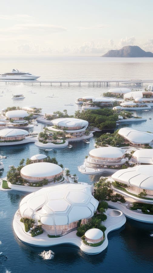 Sleek, Modern Floating Structures with Smooth White Surfaces and Lush ...