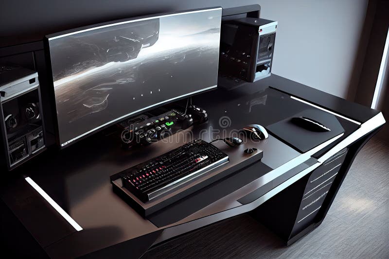 Modern Gaming Desk with Sleek and Minimalist Design, Built-in Monitor ...