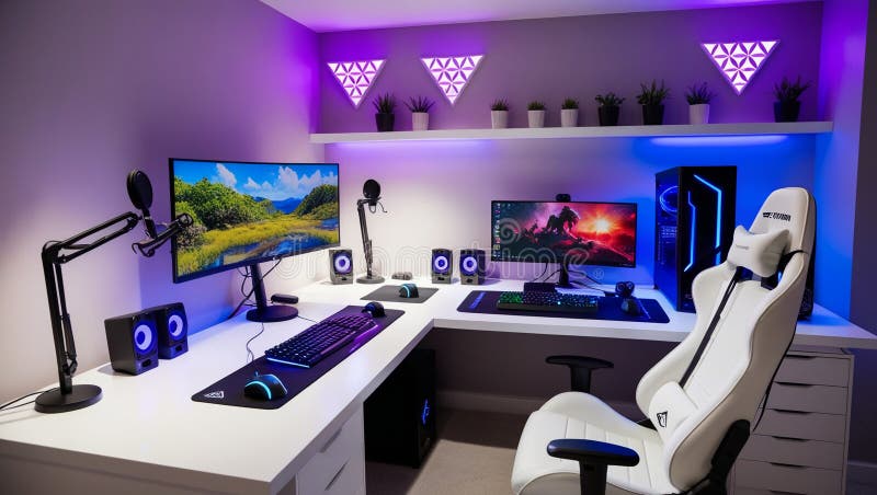 Modern Gaming and Workstation Setup with LED Lighting and Monitor Stock ...
