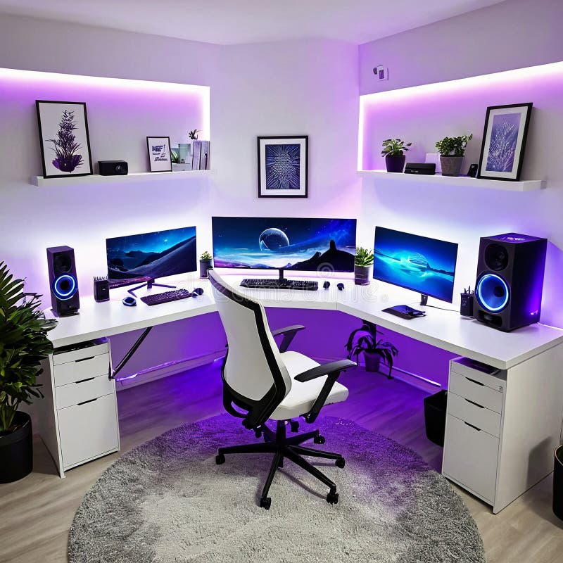 Modern Gaming and Workstation Setup with LED Lighting and Monitor Stock ...