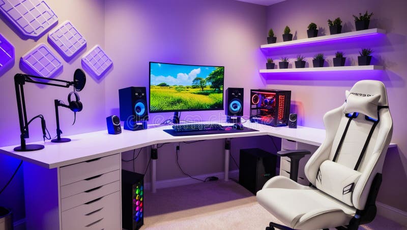 Modern Gaming and Workstation Setup with LED Lighting and Monitor Stock ...