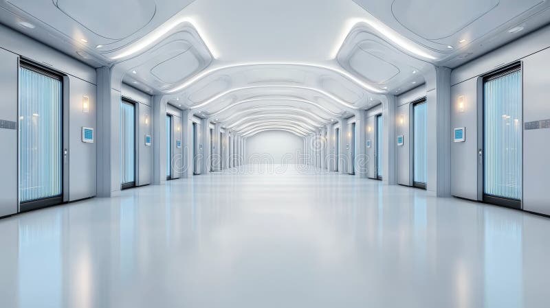 A Sleek, Modern Hallway with Bright Lighting and Glass Doors ...